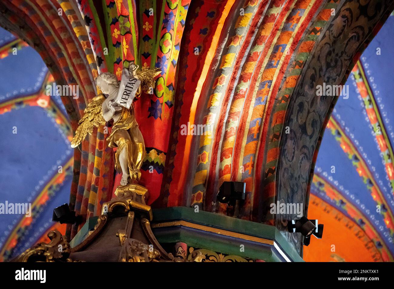 interiors and details in catholic church pillar of decorative baroque ...