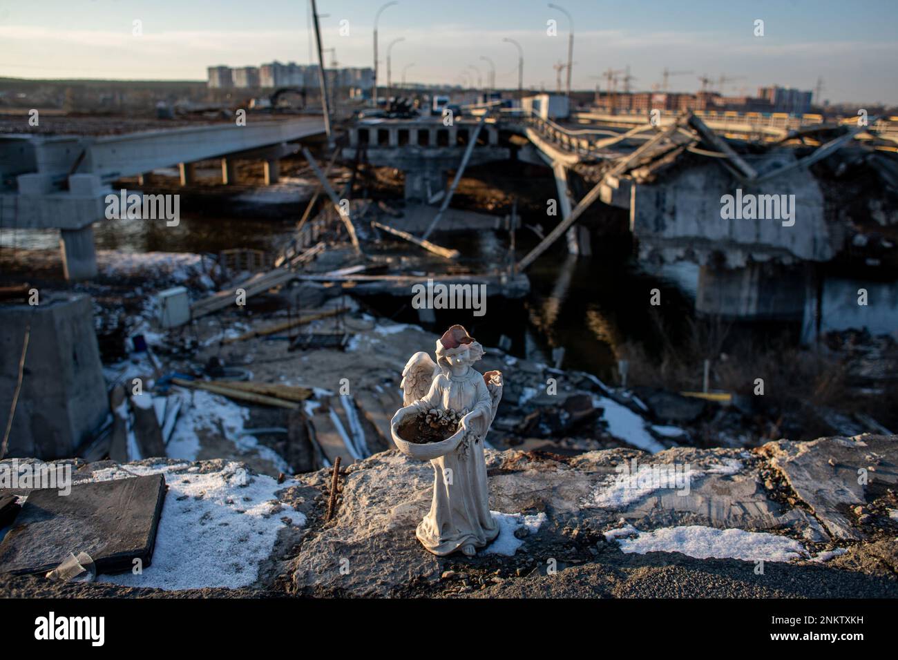 The destroyed, demolished, bridge over the Irpin River in the town of ...