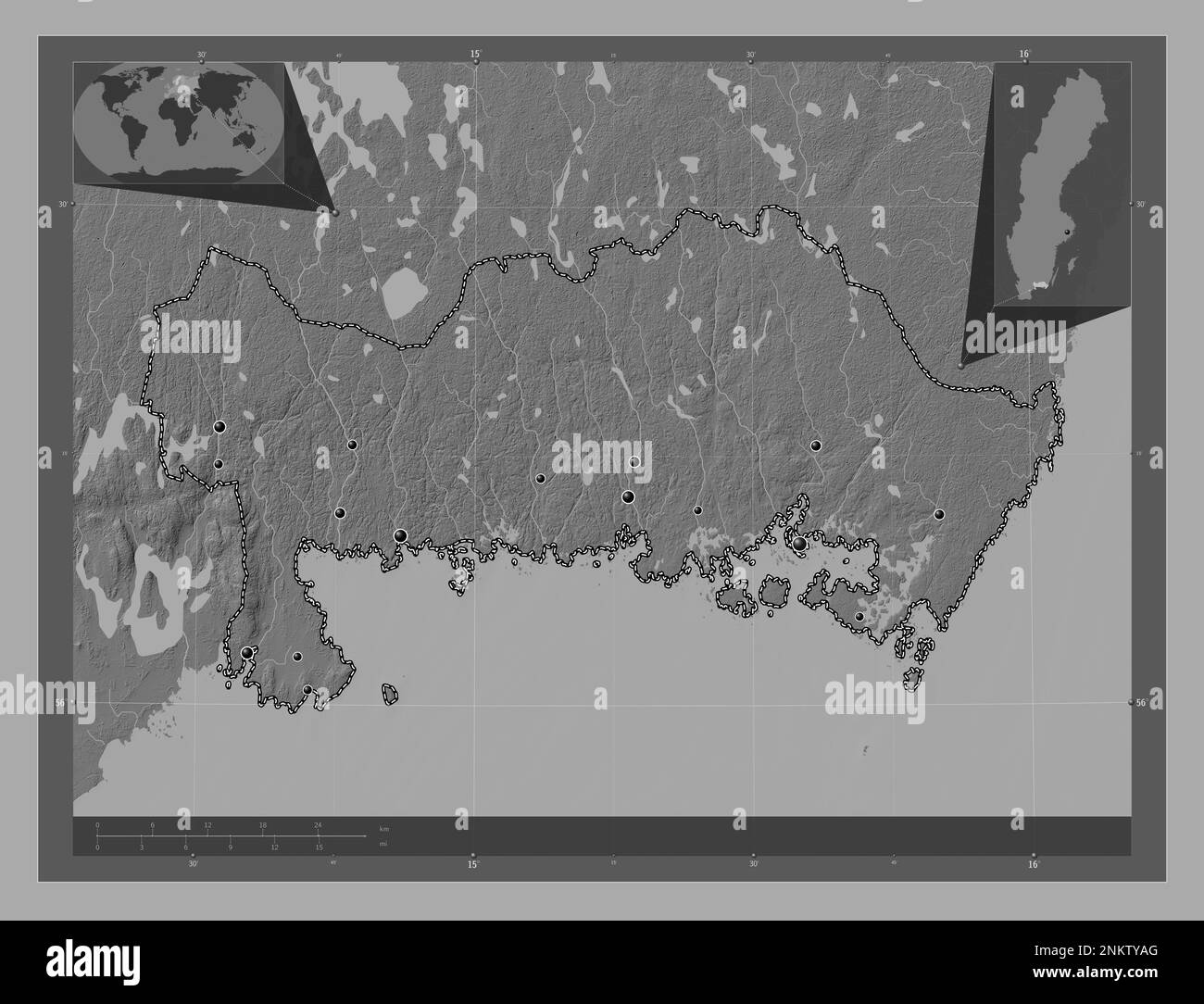 Blekinge, county of Sweden. Bilevel elevation map with lakes and rivers ...