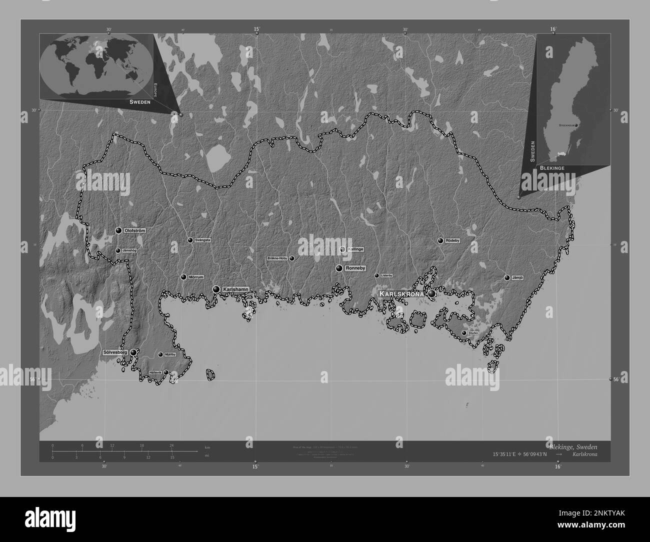 Blekinge, county of Sweden. Bilevel elevation map with lakes and rivers ...