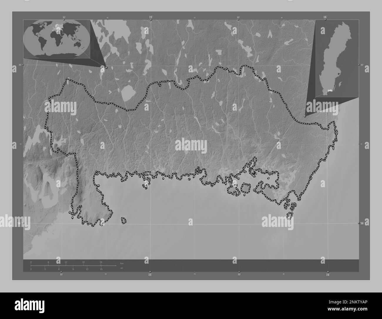 Blekinge, county of Sweden. Grayscale elevation map with lakes and ...