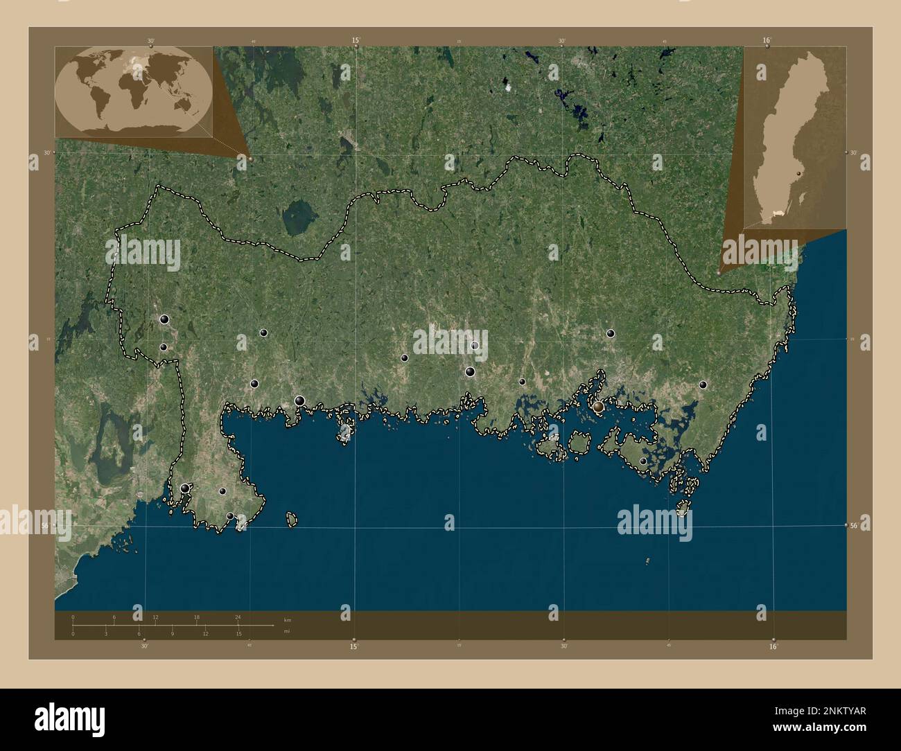 Blekinge, county of Sweden. Low resolution satellite map. Locations of ...