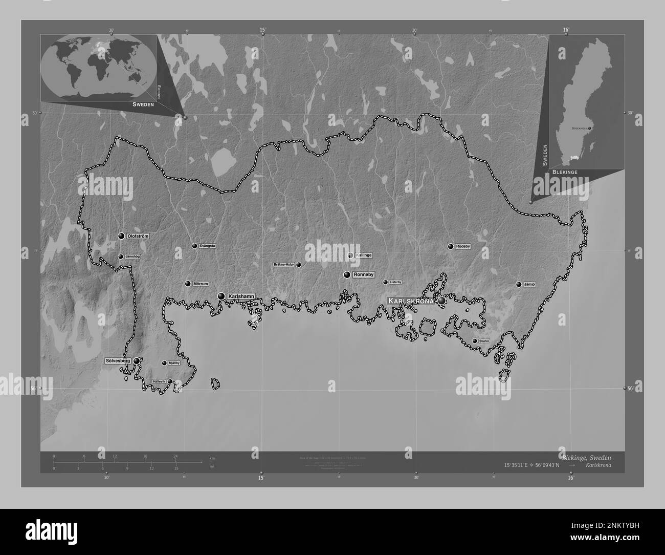 Blekinge, county of Sweden. Grayscale elevation map with lakes and ...