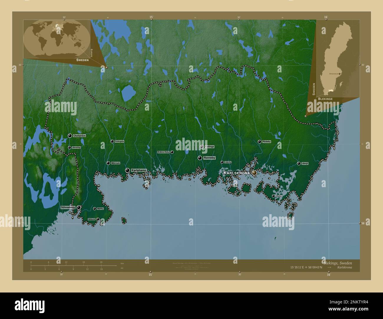Blekinge, county of Sweden. Colored elevation map with lakes and rivers ...