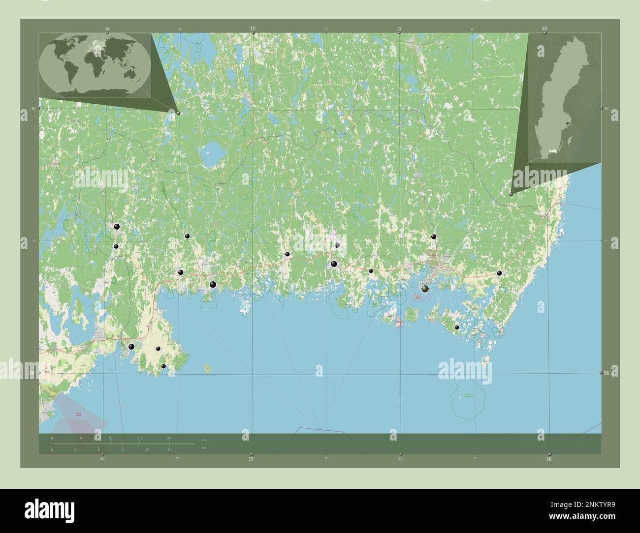 Blekinge, county of Sweden. Open Street Map. Locations of major cities ...