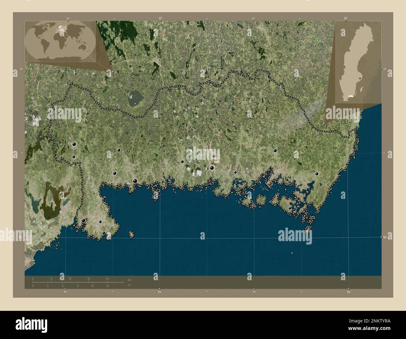 Blekinge, county of Sweden. High resolution satellite map. Locations of ...
