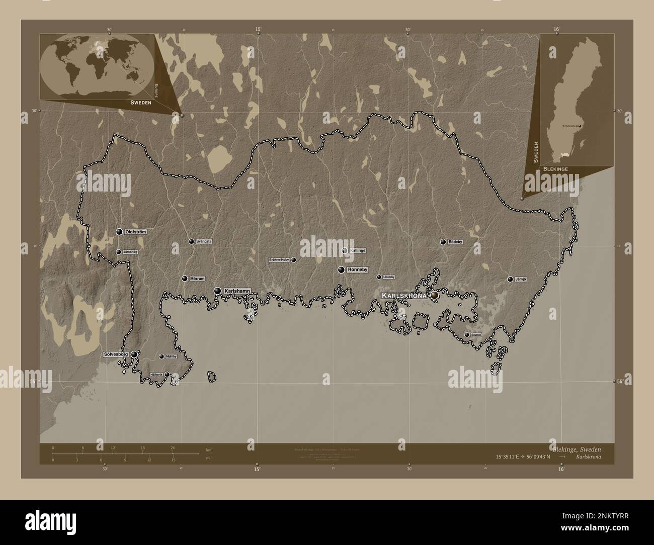 Blekinge, county of Sweden. Elevation map colored in sepia tones with ...