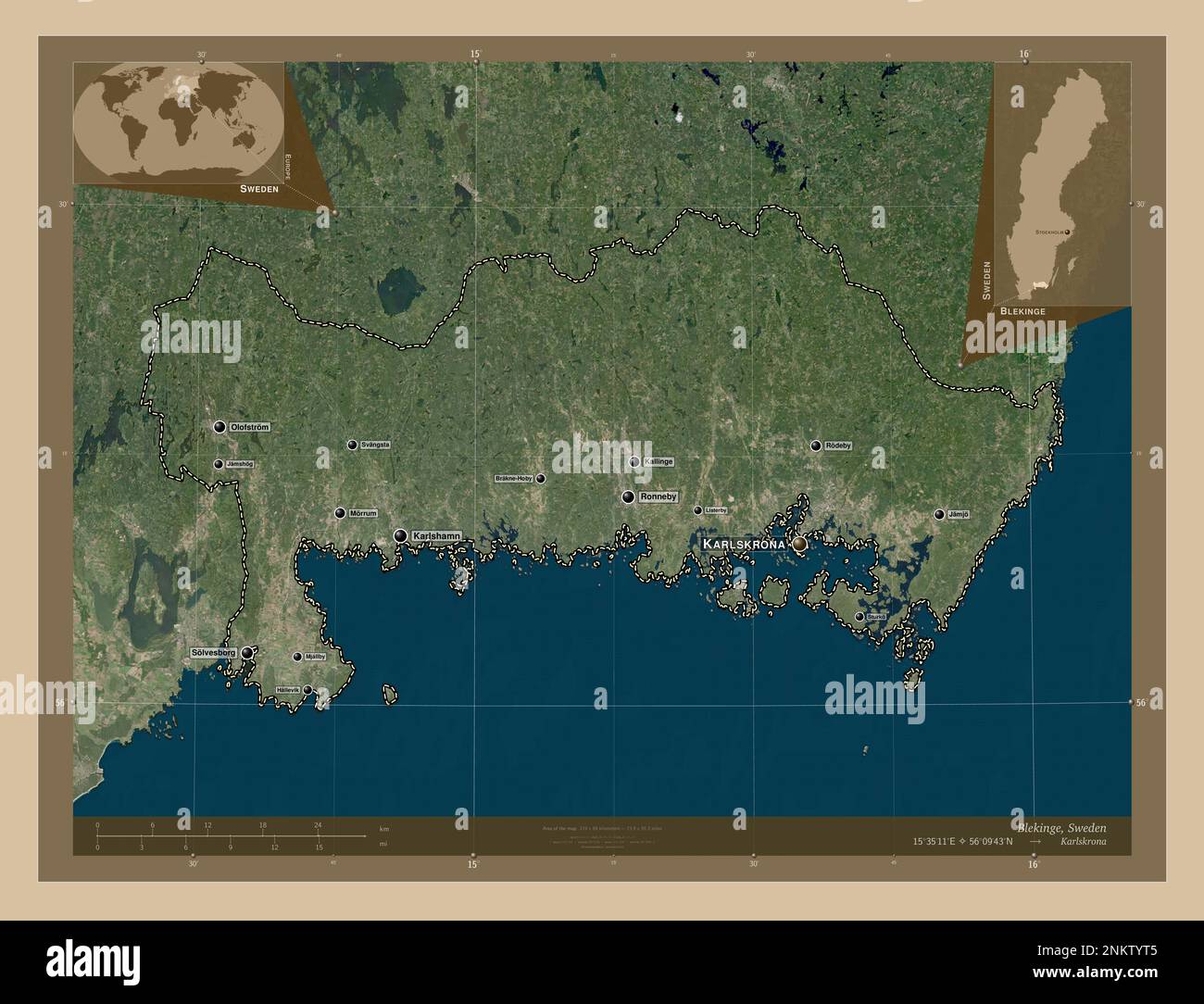 Blekinge, county of Sweden. Low resolution satellite map. Locations and ...