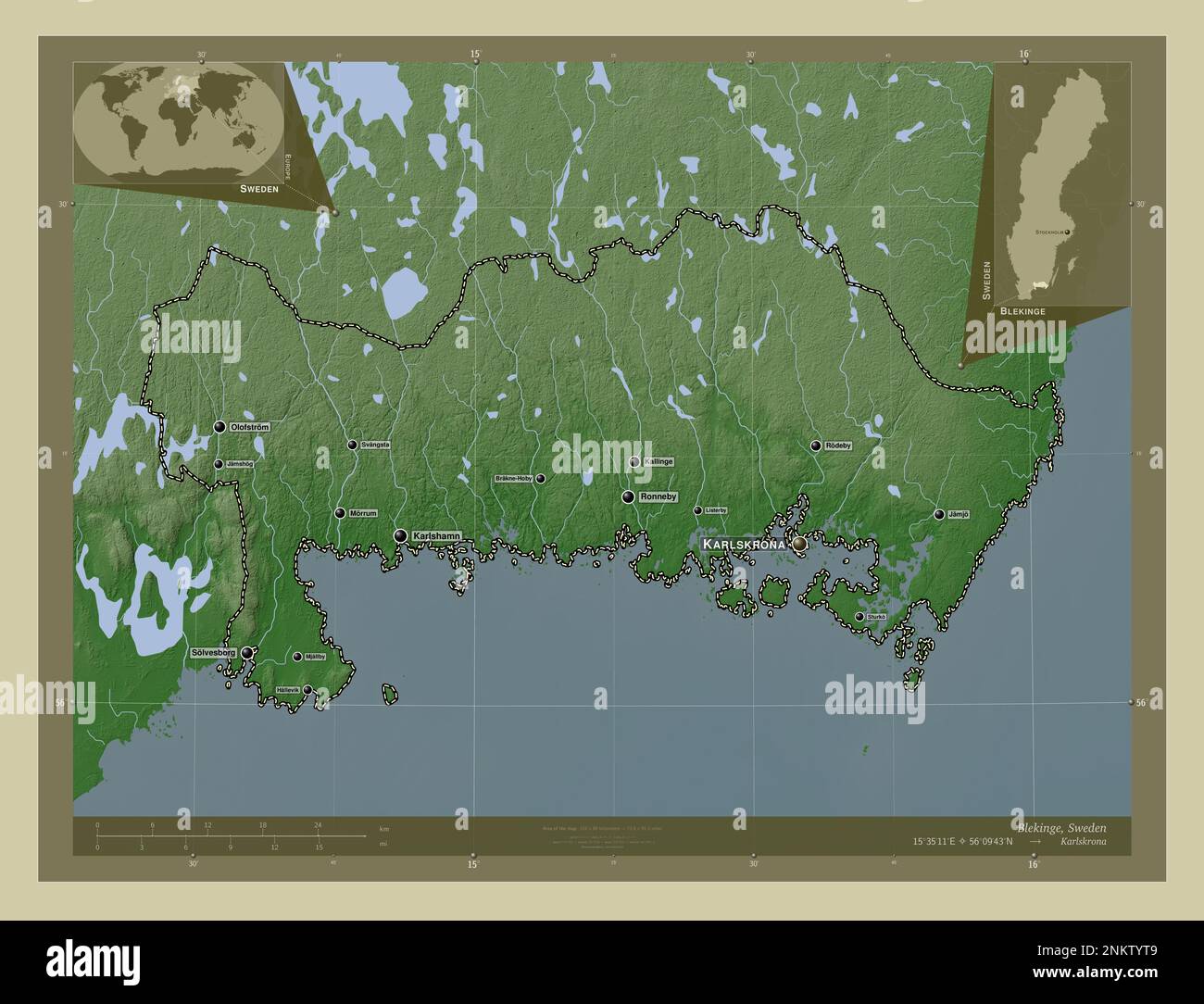 Blekinge, county of Sweden. Elevation map colored in wiki style with ...