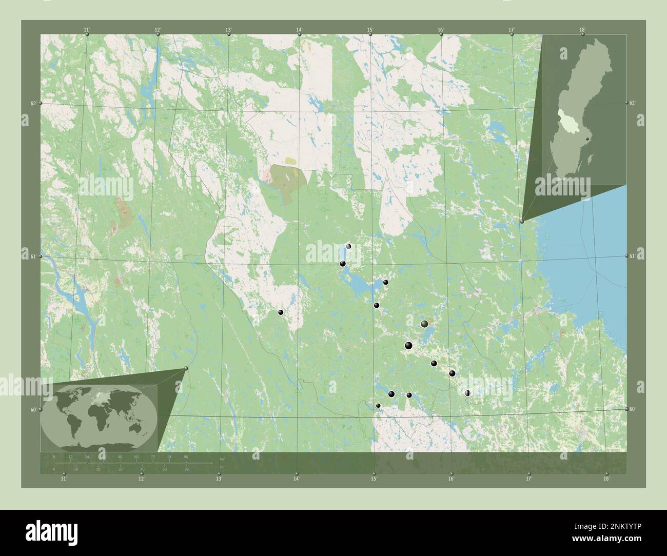Dalarna, county of Sweden. Open Street Map. Locations of major cities ...