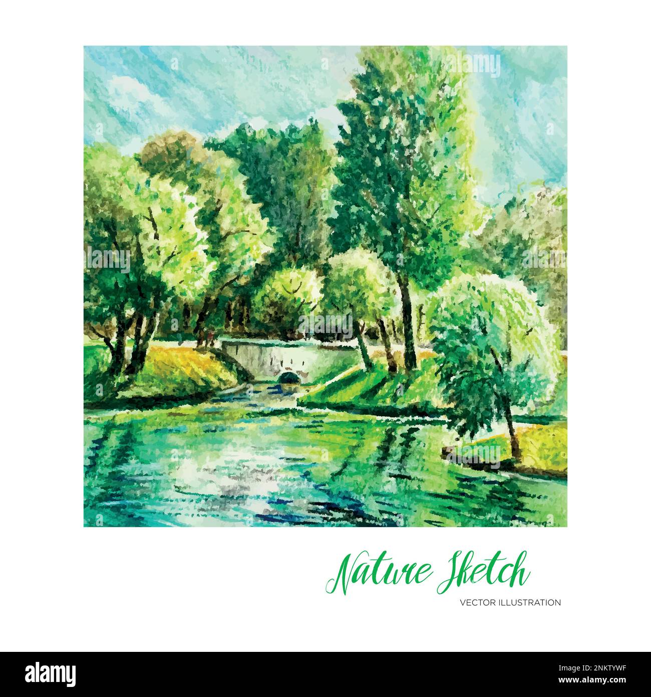 Sketch graphic, landscape, colored pencils. Vector illustration. Summer ...