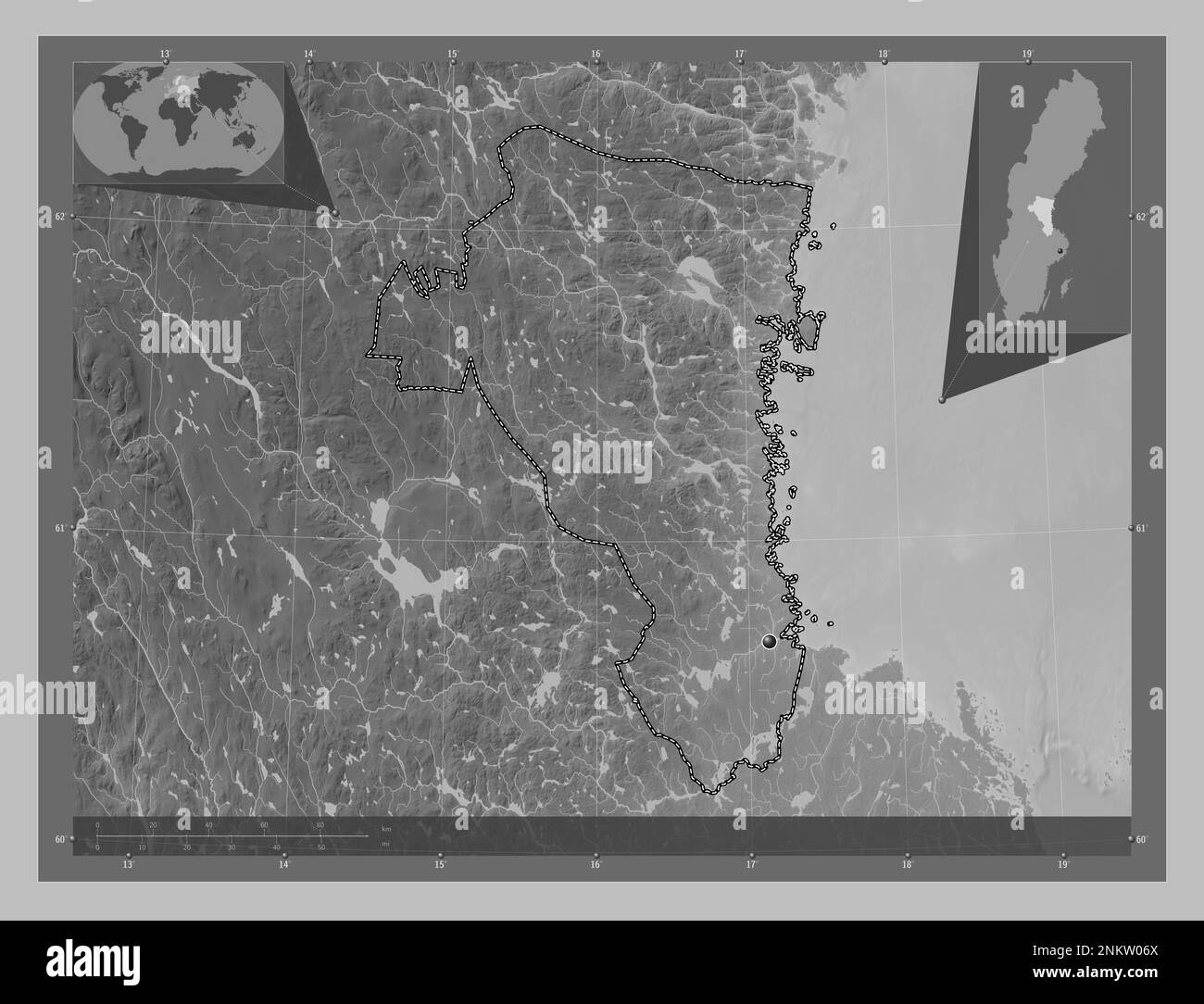 Gavleborg County Of Sweden Grayscale Elevation Map With Lakes And Rivers Corner Auxiliary