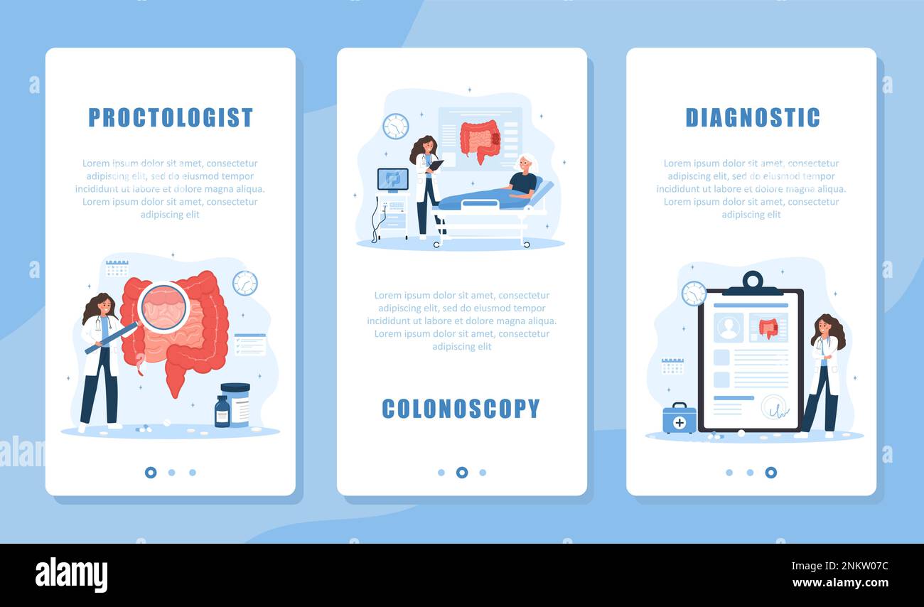 Proctology banner set. Intestine exam and treatment. Female ...