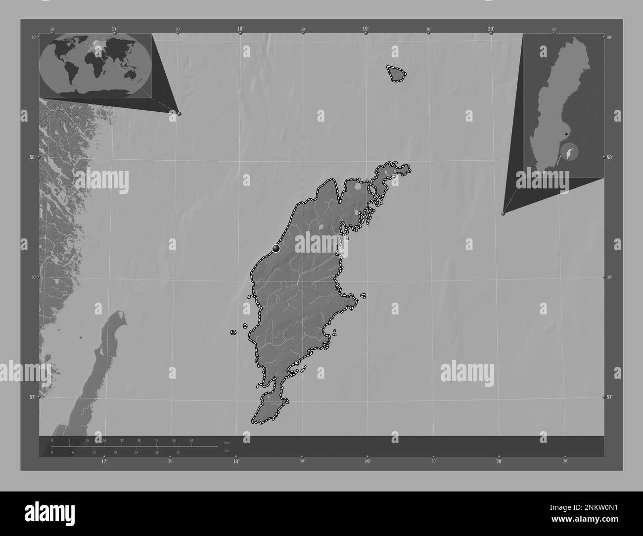 Gotland, county of Sweden. Bilevel elevation map with lakes and rivers ...