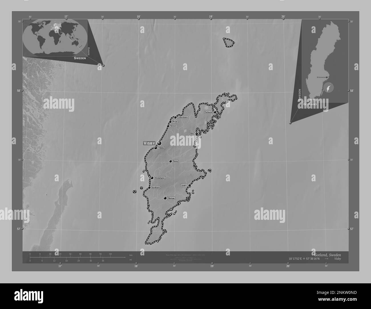 Gotland, county of Sweden. Grayscale elevation map with lakes and ...