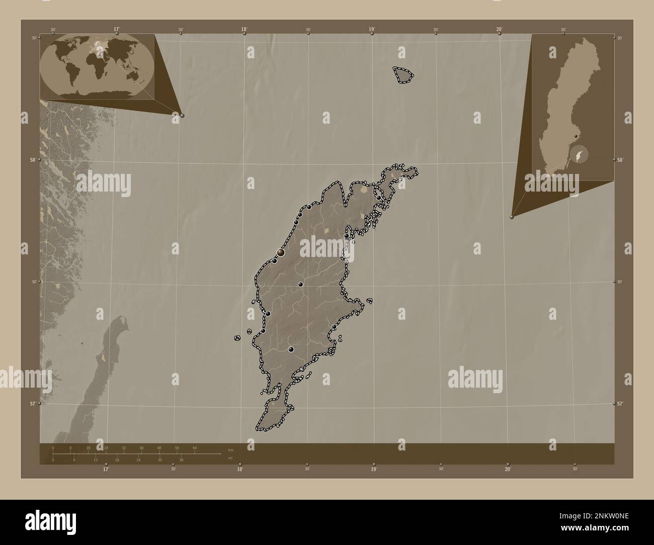 Gotland, county of Sweden. Elevation map colored in sepia tones with ...