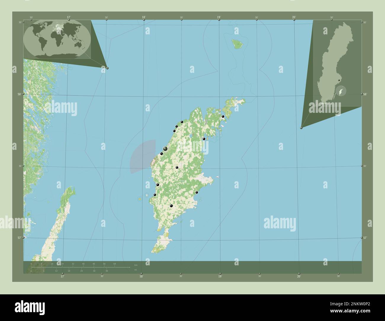 Gotland, county of Sweden. Open Street Map. Locations of major cities ...