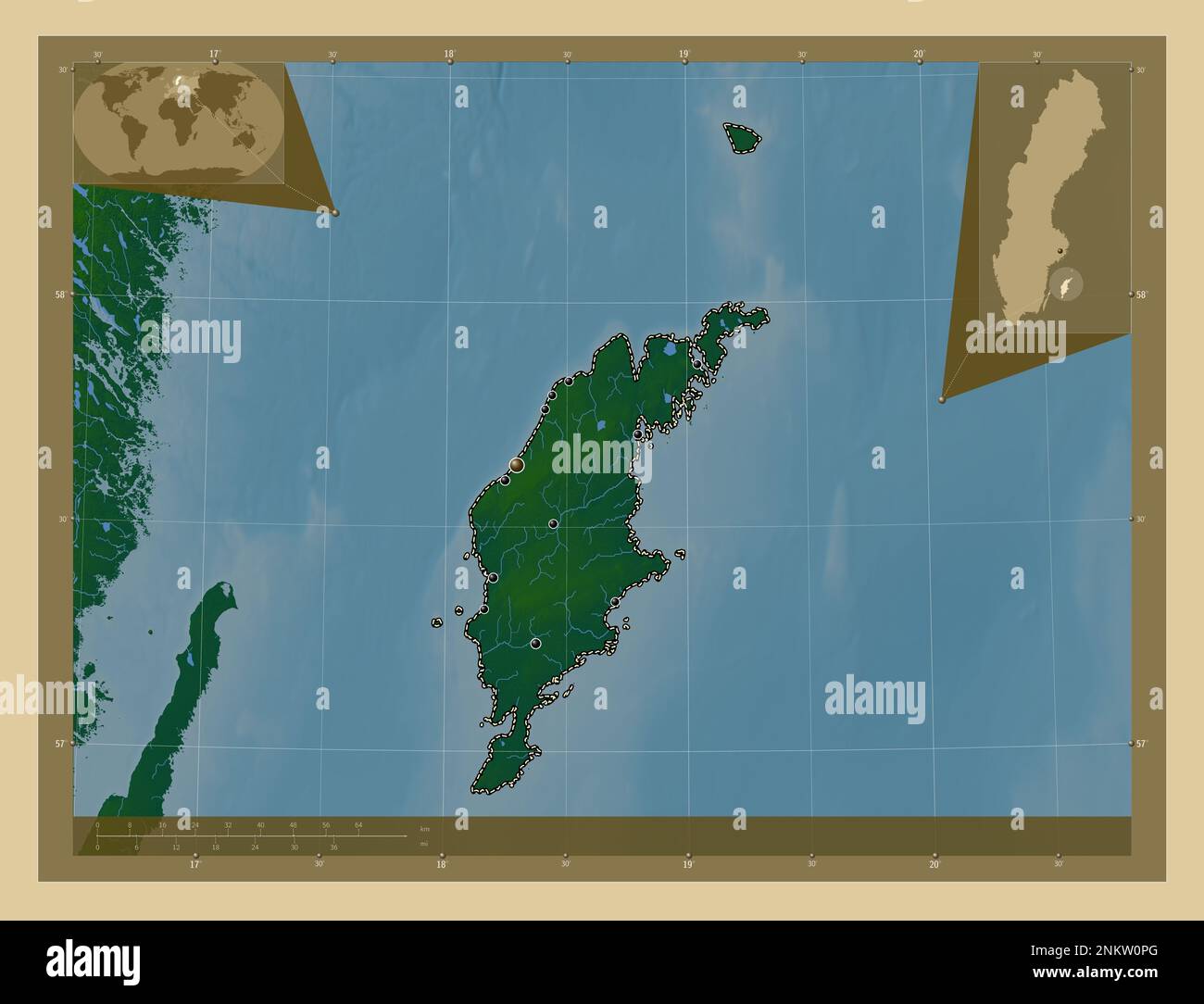 Gotland, county of Sweden. Colored elevation map with lakes and rivers ...