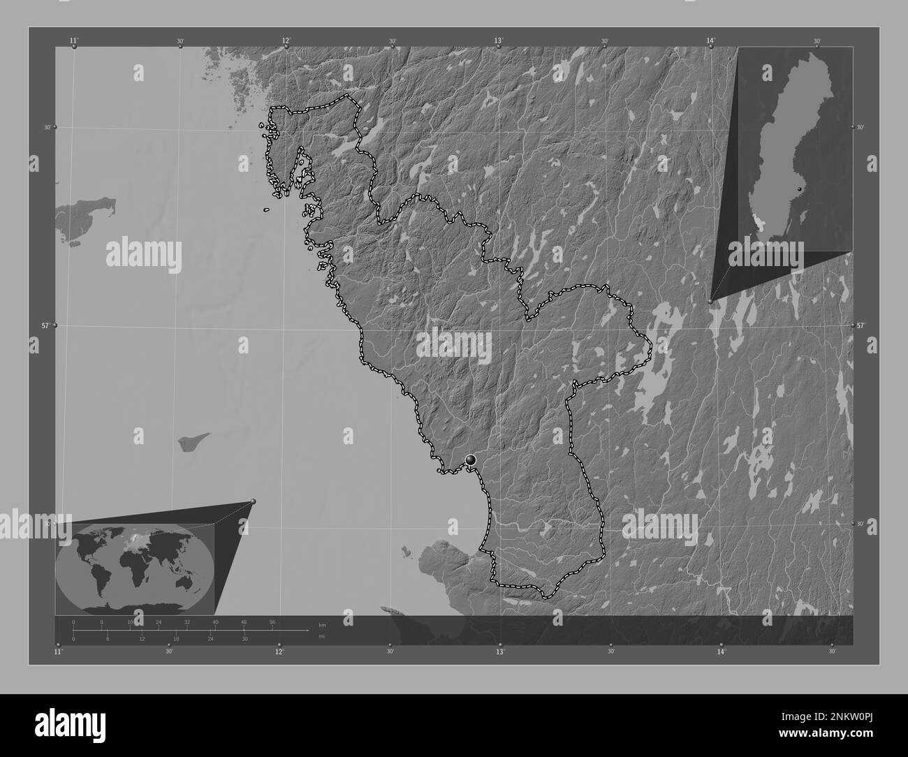 Halland, county of Sweden. Bilevel elevation map with lakes and rivers ...