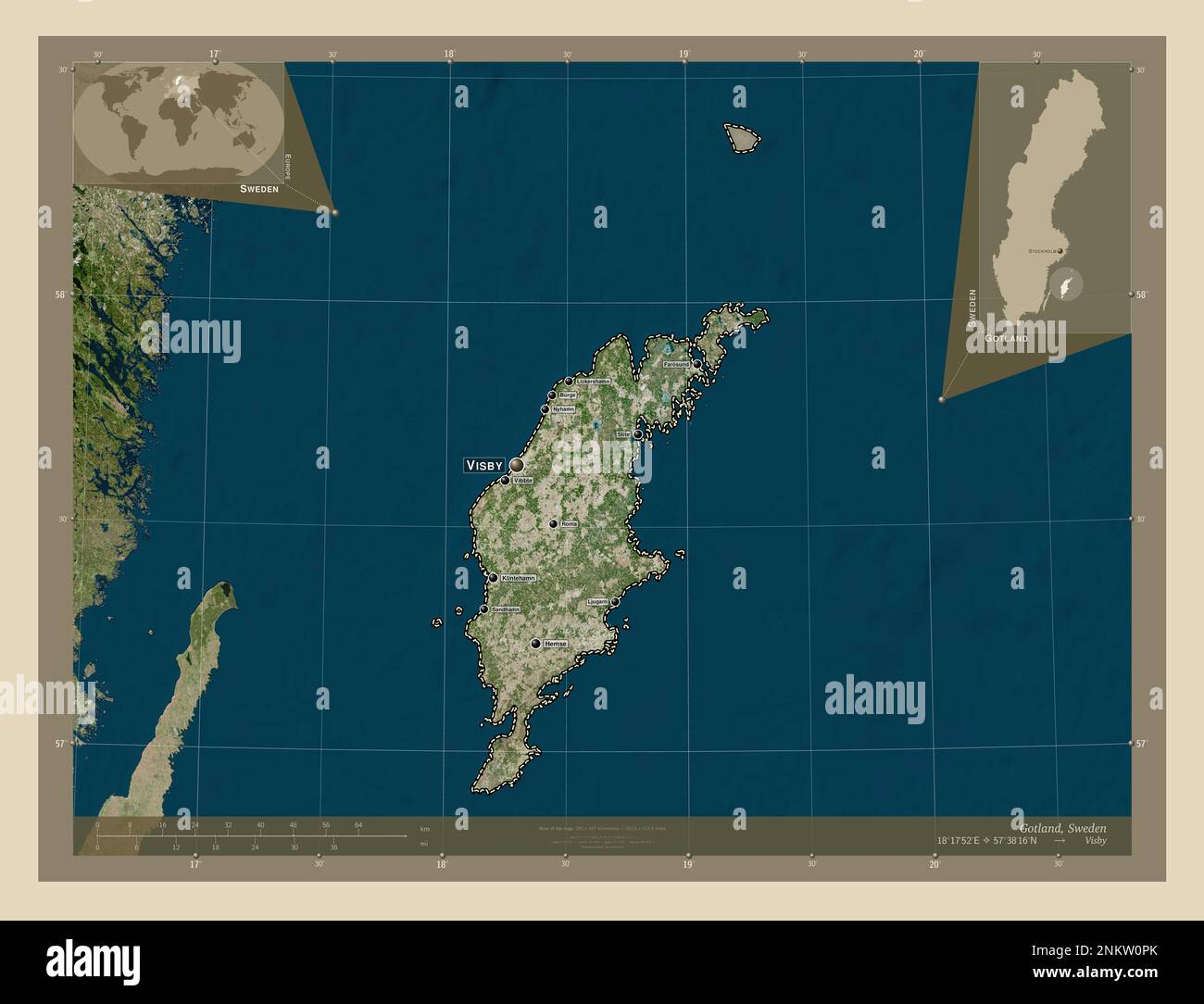 Gotland, county of Sweden. High resolution satellite map. Locations and ...