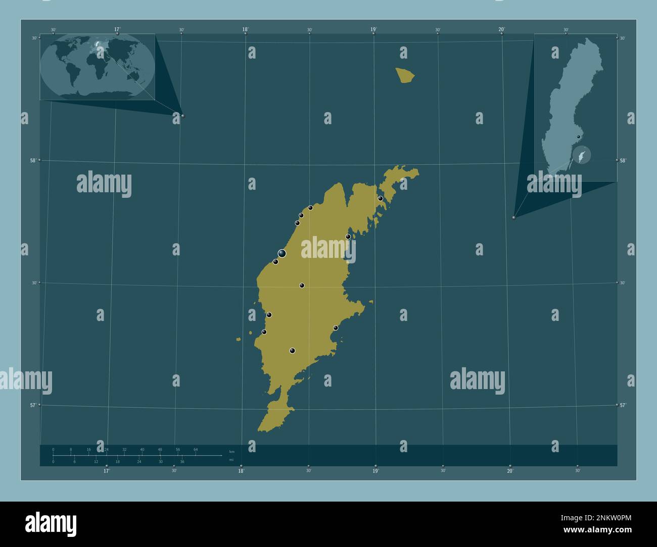Gotland, county of Sweden. Solid color shape. Locations of major cities ...