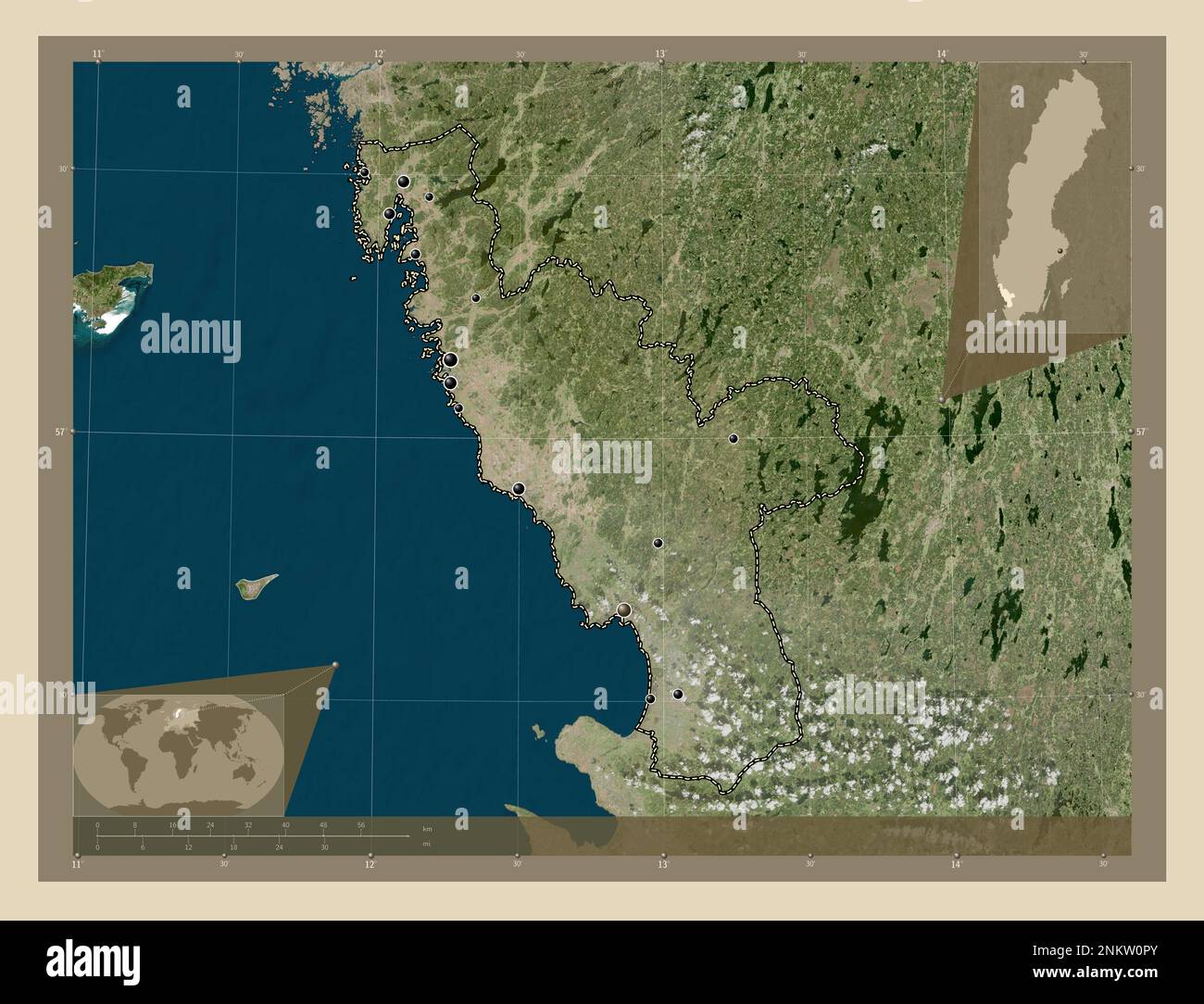 Halland, county of Sweden. High resolution satellite map. Locations of ...