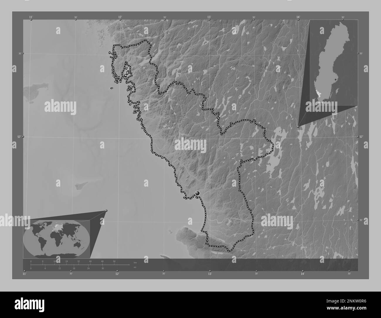 Halland, county of Sweden. Grayscale elevation map with lakes and ...