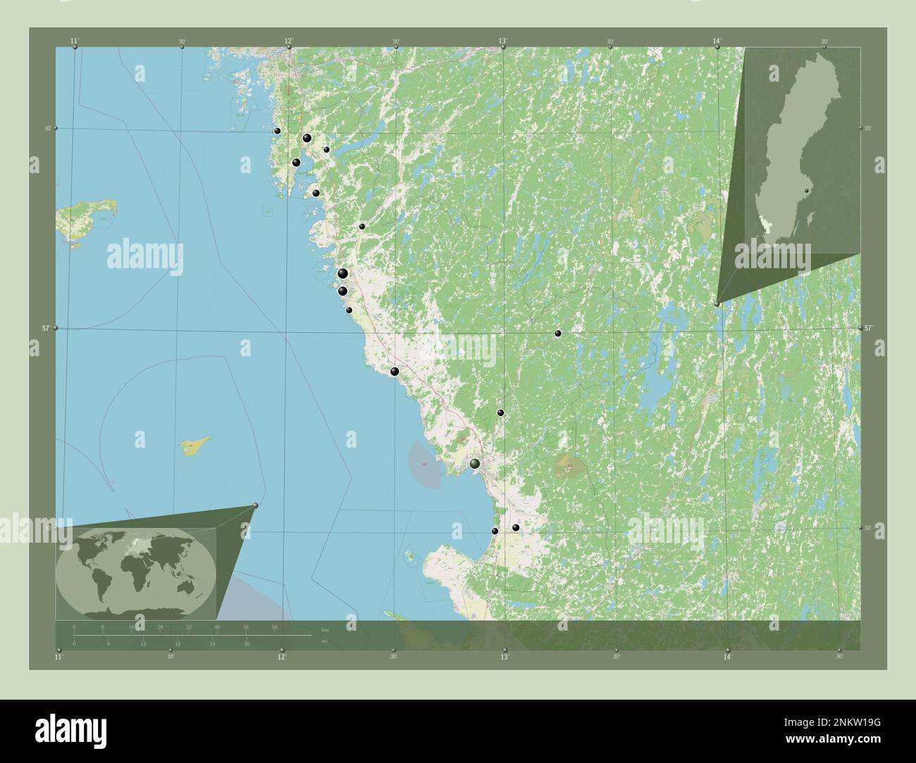 Halland, county of Sweden. Open Street Map. Locations of major cities ...