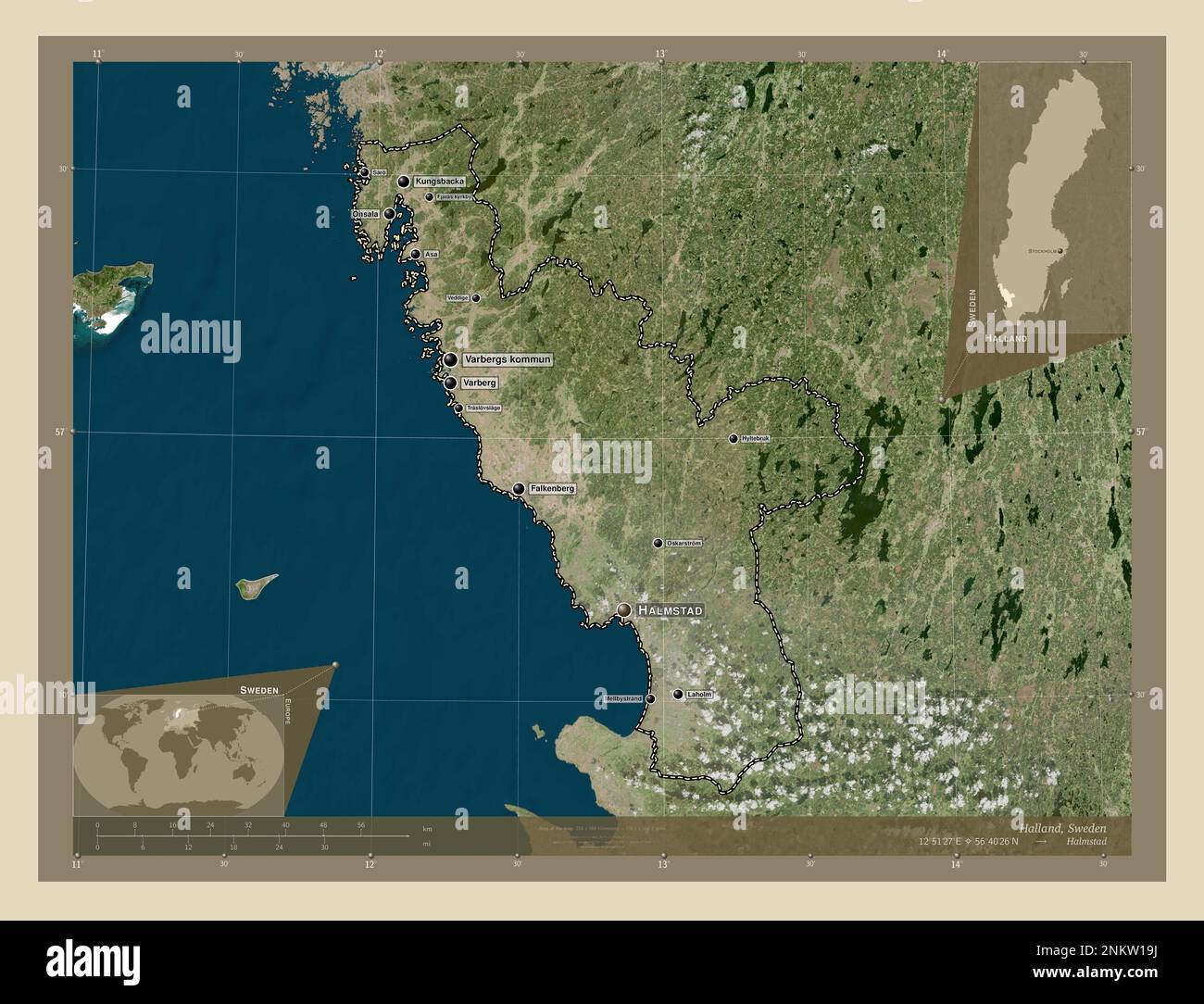Halland, county of Sweden. High resolution satellite map. Locations and ...