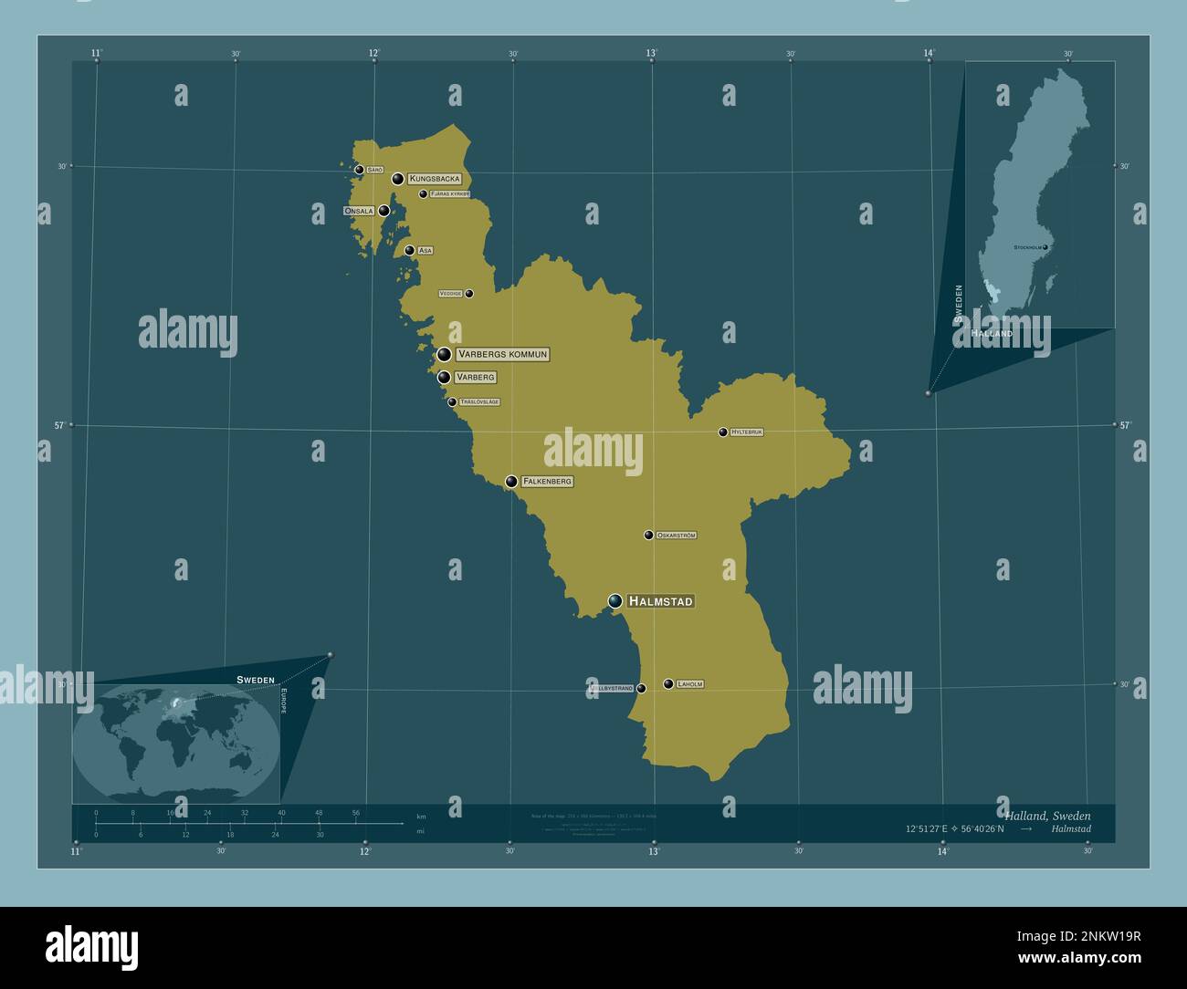 Halland, county of Sweden. Solid color shape. Locations and names of ...