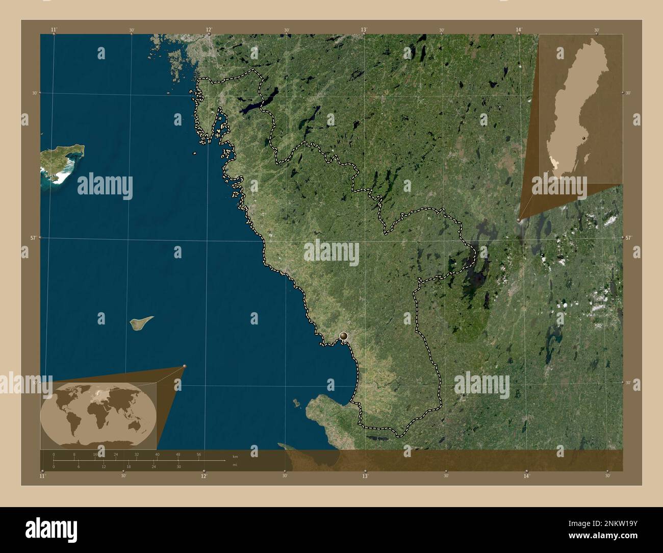 Halland, county of Sweden. Low resolution satellite map. Corner ...
