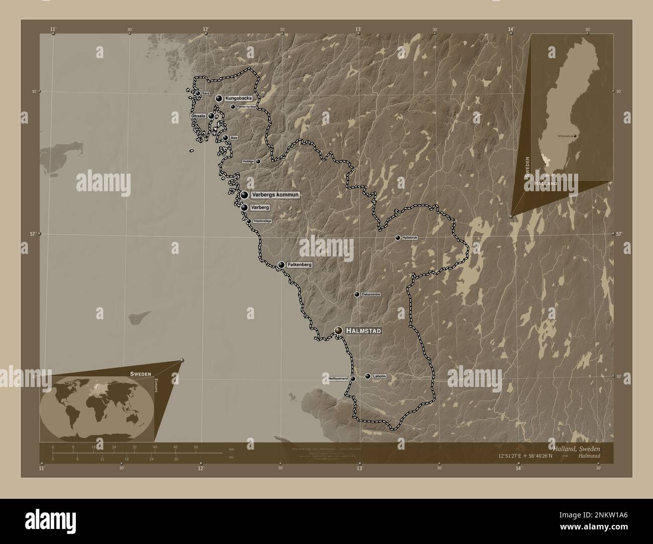 Halland, county of Sweden. Elevation map colored in sepia tones with ...