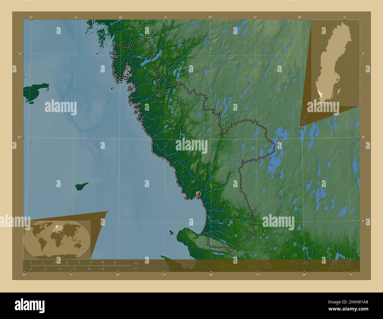 Halland, county of Sweden. Colored elevation map with lakes and rivers ...