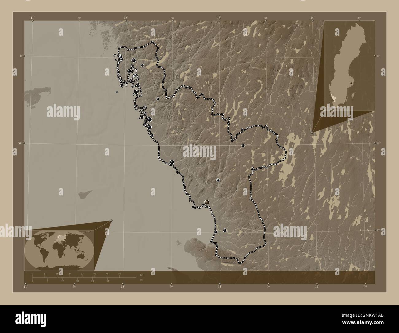 Halland, county of Sweden. Elevation map colored in sepia tones with ...