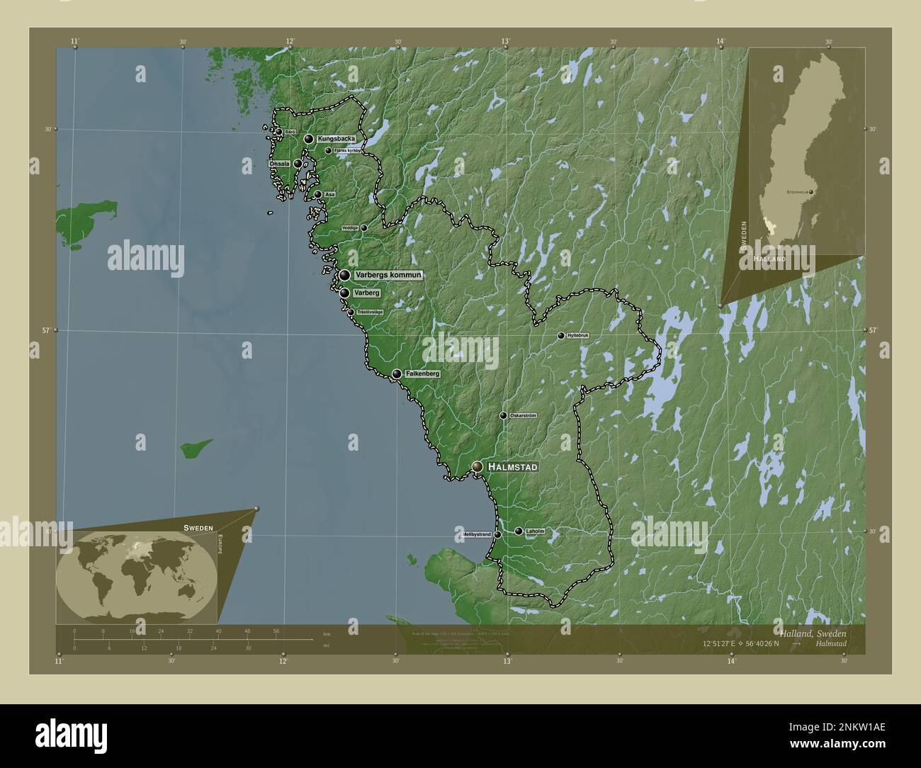 Halland, county of Sweden. Elevation map colored in wiki style with ...