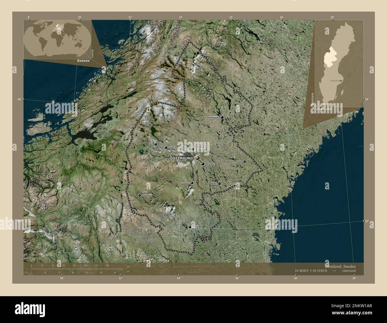 Jamtland, county of Sweden. High resolution satellite map. Locations ...