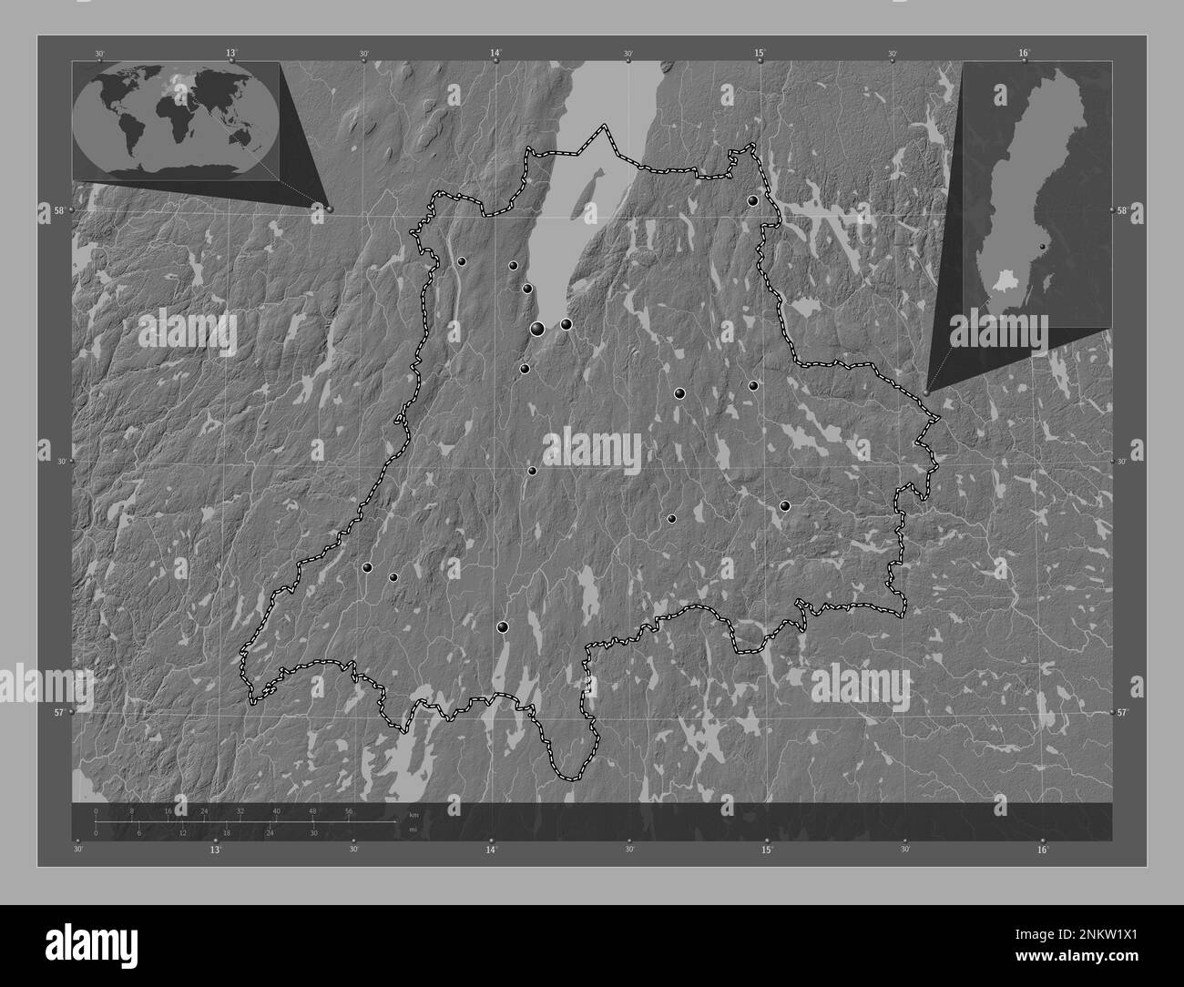 Jonkoping, county of Sweden. Bilevel elevation map with lakes and ...