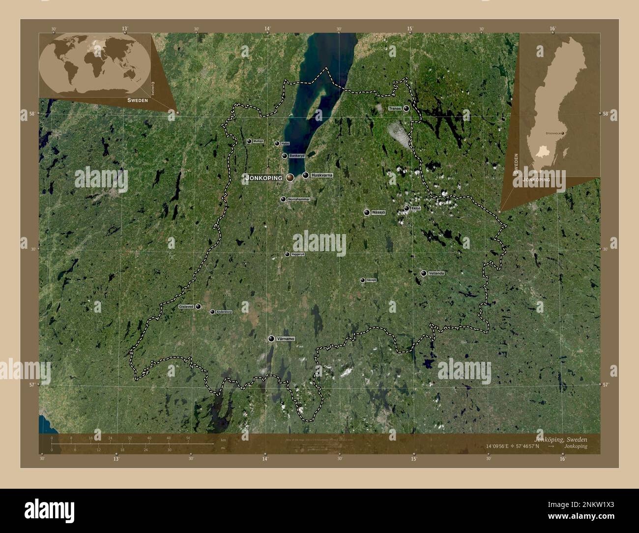 Jonkoping, county of Sweden. Low resolution satellite map. Locations ...