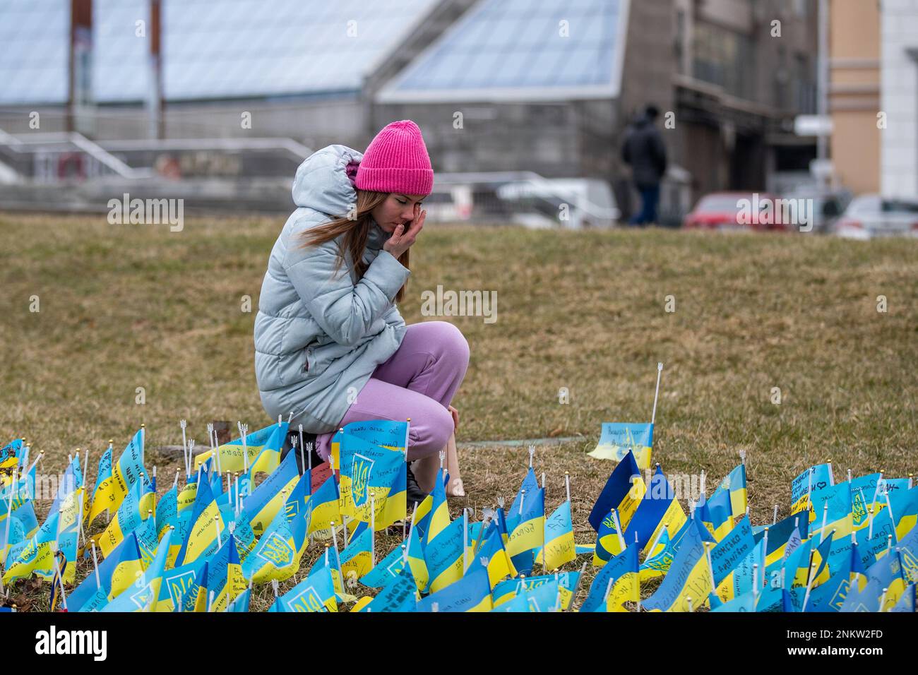 Ukrainian flags placed in memory of those killed during the war near ...