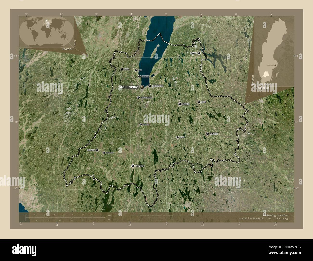 Jonkoping, county of Sweden. High resolution satellite map. Locations ...