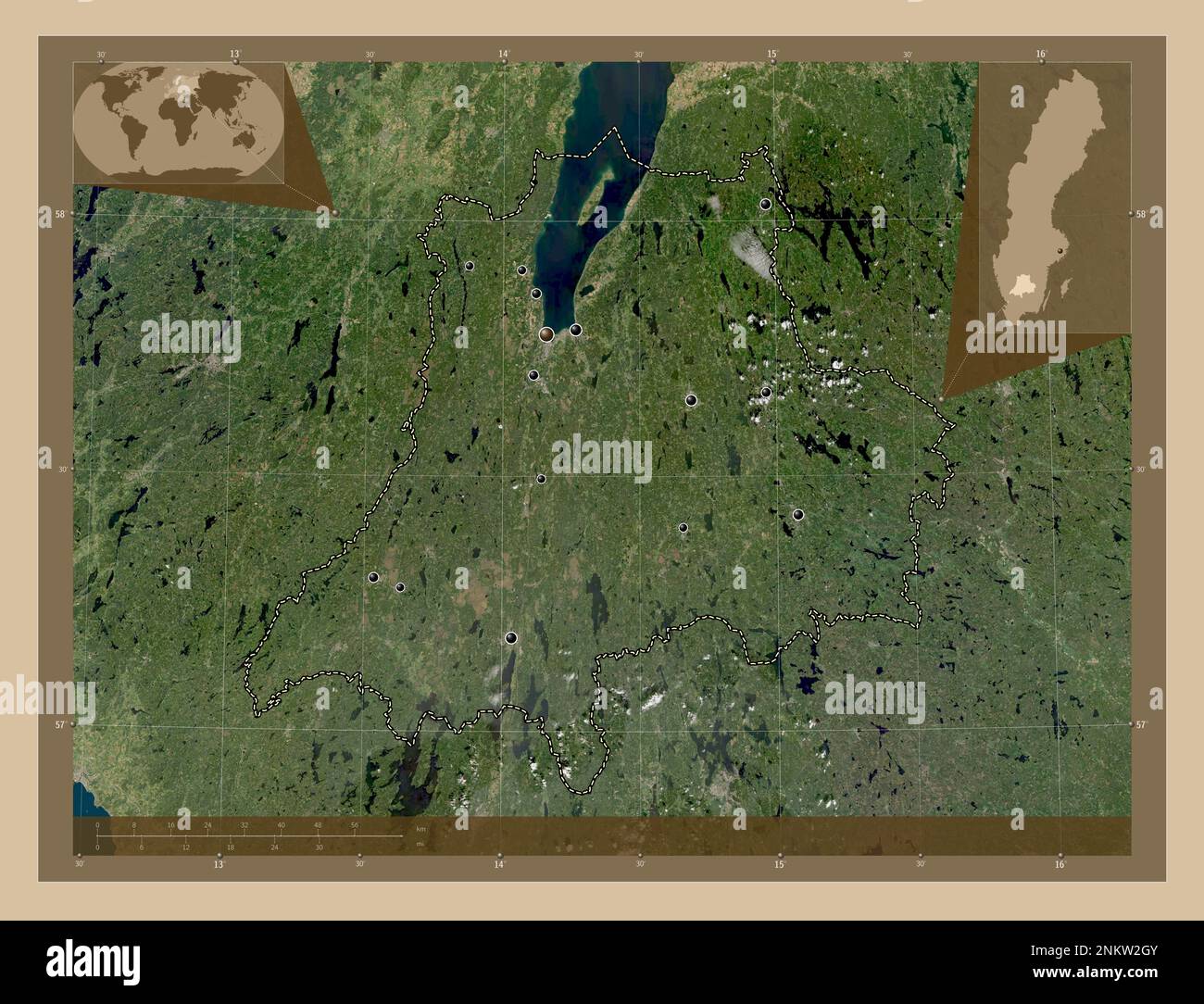 Jonkoping, county of Sweden. Low resolution satellite map. Locations of ...