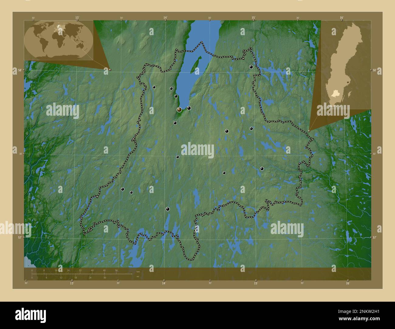 Jonkoping, county of Sweden. Colored elevation map with lakes and ...