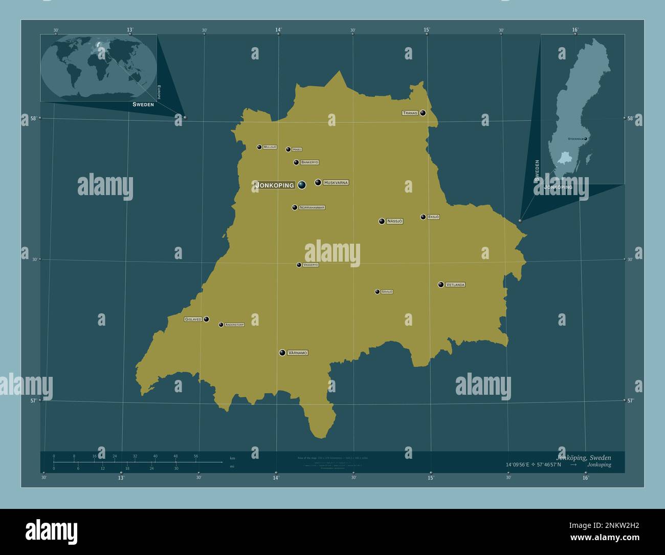 Jonkoping, county of Sweden. Solid color shape. Locations and names of ...