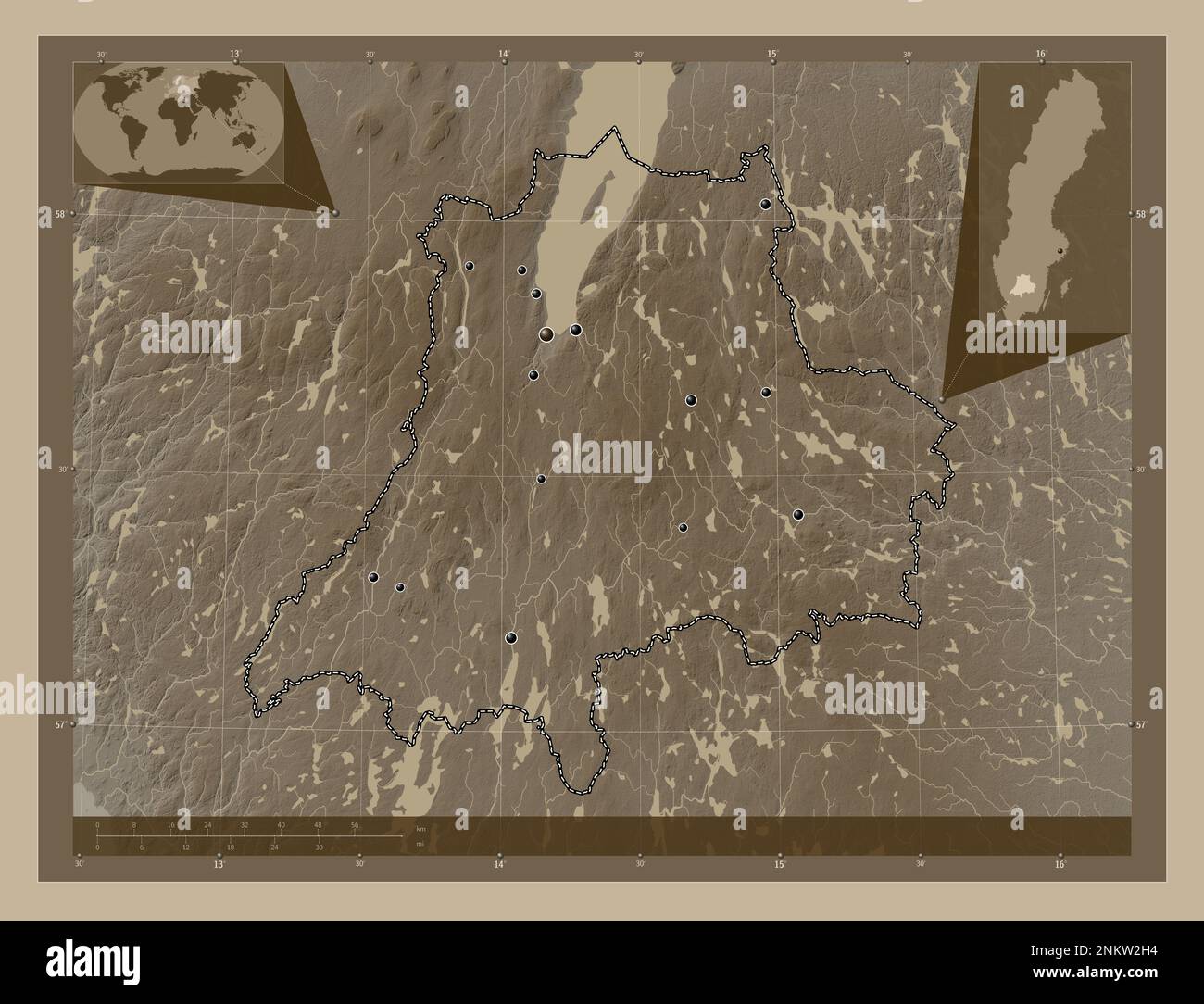 Jonkoping, county of Sweden. Elevation map colored in sepia tones with ...