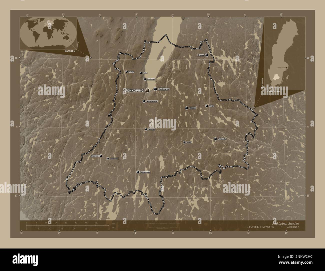 Jonkoping, county of Sweden. Elevation map colored in sepia tones with ...