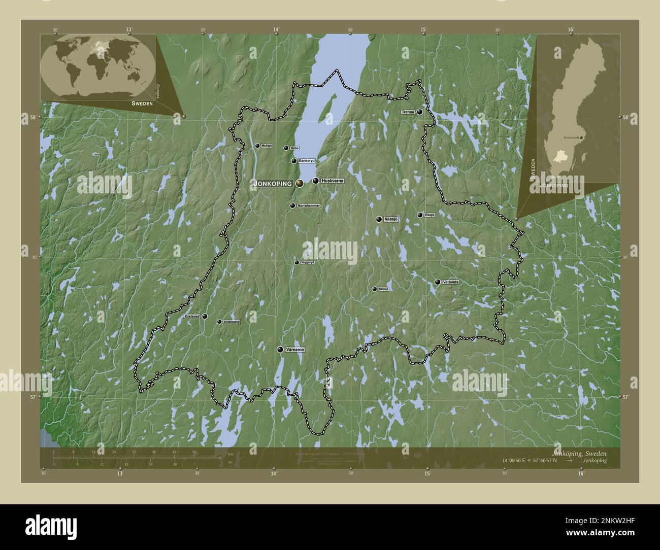 Jonkoping, county of Sweden. Elevation map colored in wiki style with ...