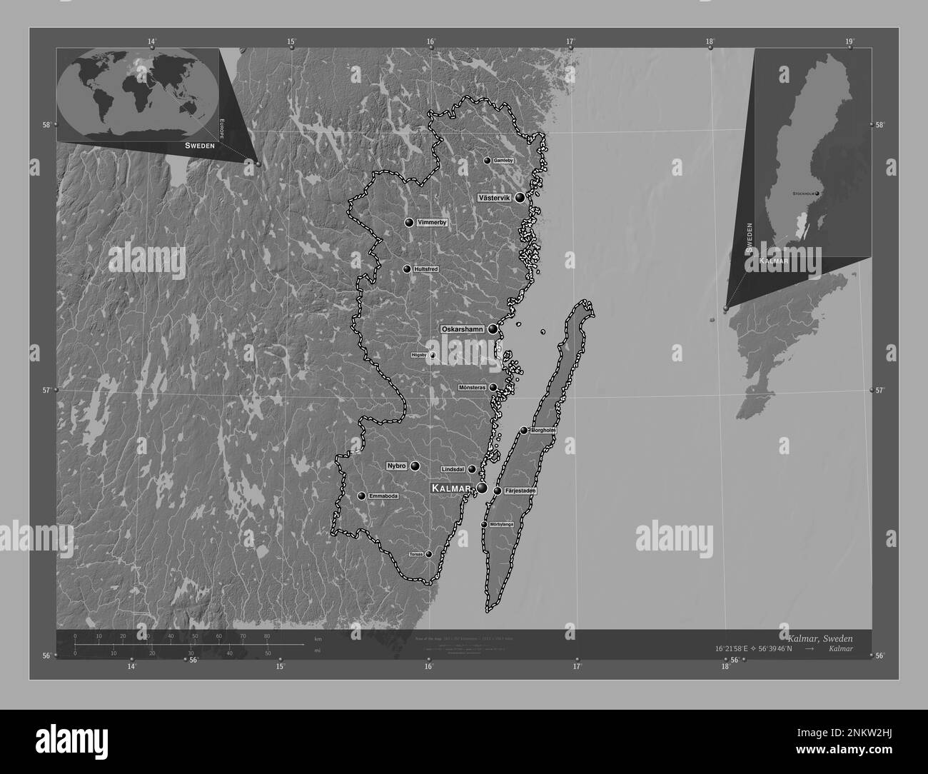 Kalmar, county of Sweden. Bilevel elevation map with lakes and rivers ...