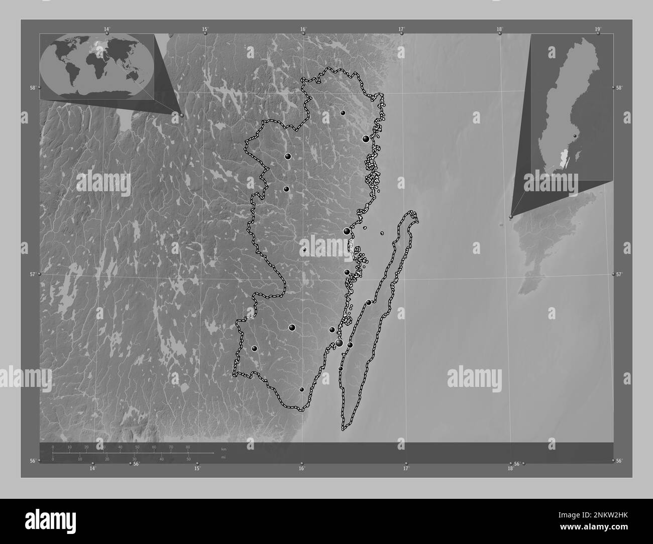 Kalmar, county of Sweden. Grayscale elevation map with lakes and rivers ...