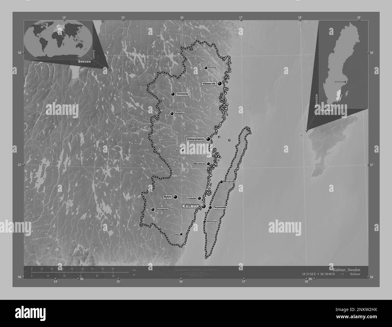 Kalmar, county of Sweden. Grayscale elevation map with lakes and rivers ...