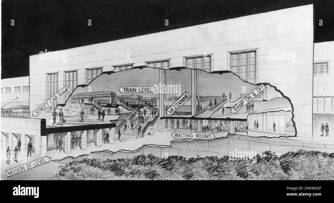 Cutaway graphic of Interior at the Transbay Terminal .. Bay Bridge ...